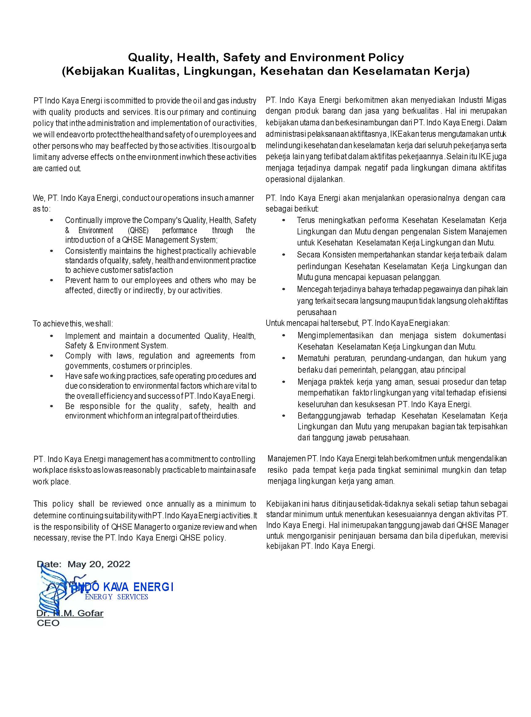 QHSE Policy - PT. Indokaya Energy
